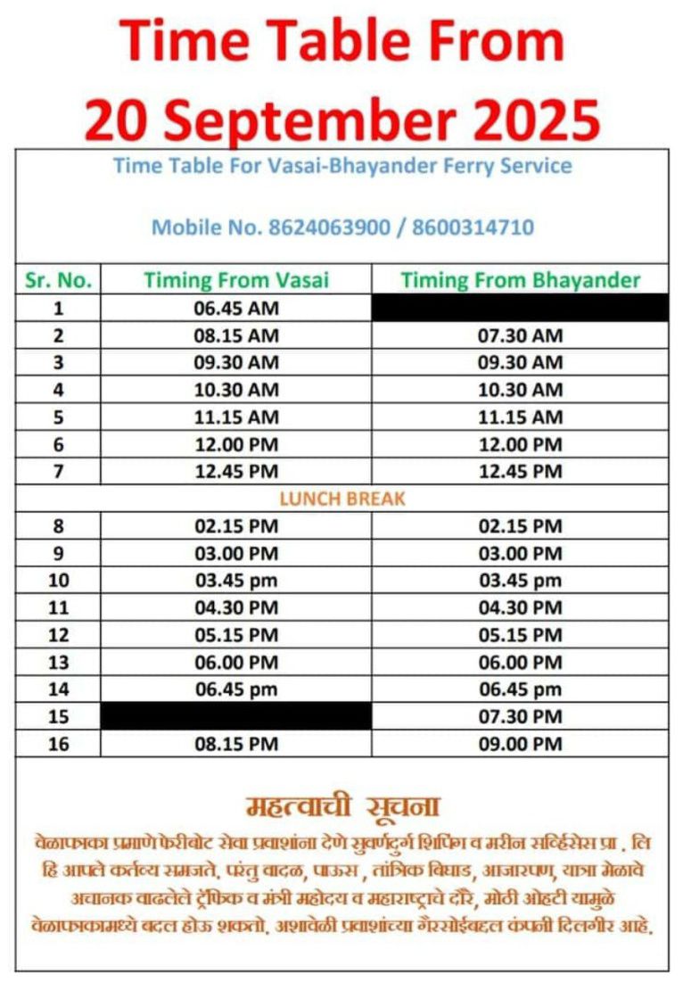 Time Table For Vasai - Bhayander Ferry Service